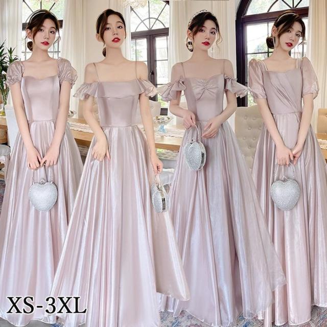 ブライズメイド ドレス ロングドレス サテン 演奏会 ピアノ発表会 スクエアネック Aライン ワンピース レディース 袖付き ゆったり リゾート 海 サマー 春夏きれいめ 大きいサイズ 小さいサイズ ドレス