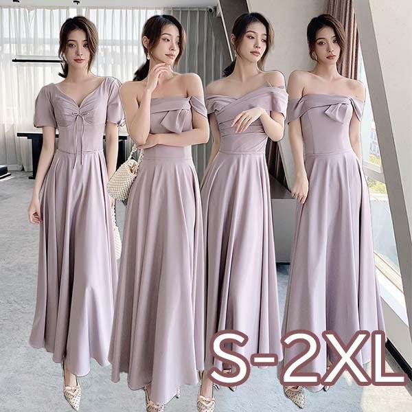 【送料無料】ブライズメイド ドレス ロング丈 袖付き オフショルダー パープル 4タイプ 結婚式 体型カバー 半袖 フリル パフスリーブ ワンショルダー 肩だし 編み上げ 謝恩会 二次会 卒業式 花嫁 ピアノ 発表会