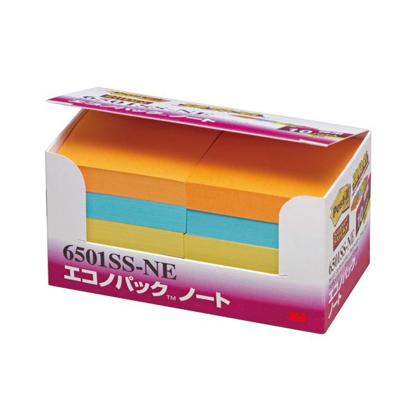 （まとめ） 3M ポストイット エコノパック 強粘着ノート 50×50mm ネオンカラー5色 6501SS-NE 1パック（10冊） (×3 ...