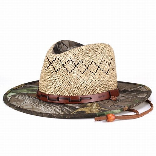 リアルカモフラージュ柄ハット ストローハット カウボーイ テンガロン ステットソン 迷彩 広つば あごひも付き DEER RUN ベージュ