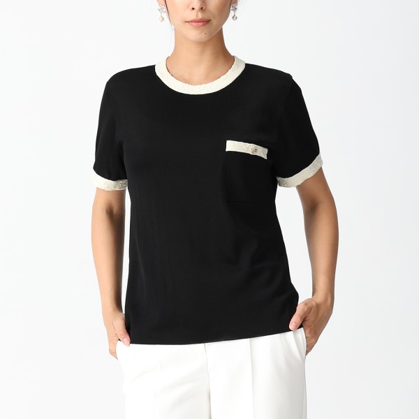 シャネル ニット セーター Tシャツ カットソー CCマーク ココマーク ブラック レディース CHANEL P80092 K11529 U1483