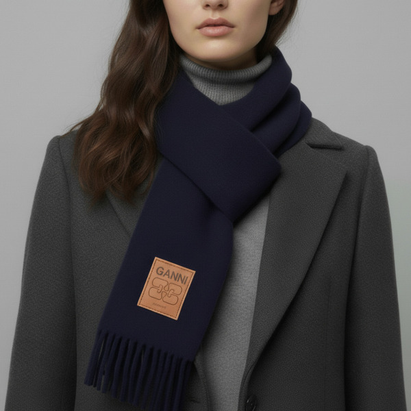 ガニー マフラー フリンジ レザーパッチ ネイビー メンズ レディース ユニセックス GANNI A6931 683