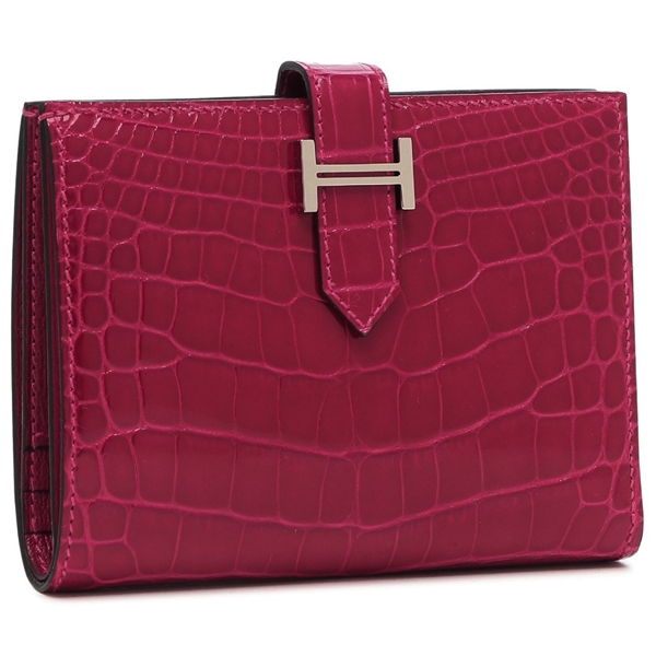 エルメス ベアンコンパクト アリゲーター フランボワーズ シルバー金具 K刻印 二つ折り財布 ポルトフォイユ レッド HERMES H047305CK 90