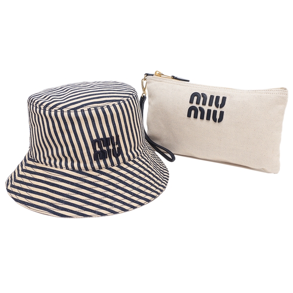 ミュウミュウ 帽子 リバーシブルハット ポーチ リストレット ストライプ ベージュ ブルー レディース MIU MIU 5RM030 2CQQ F0Z12
