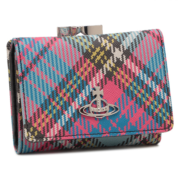 【訳ありアウトレット】ヴィヴィアンウエストウッド 三つ折り財布 バイオグリーン サフィアーノ がま口 ブルー ピンク レディース VIVIENNE WESTWOOD 51010018 S000V O102 チェック柄【ラッピング不可商品】