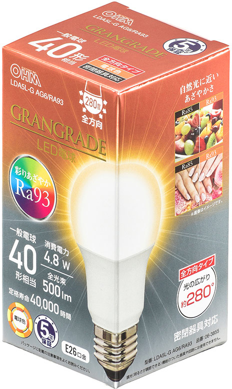 オーム LDA5L-G AG6/RA93 LED電球 一般電球形 500lm（電球色相当）OHM[LDA5LGAG6RA93] 返品種別Aの通販はau PAY マーケット - Joshin ...