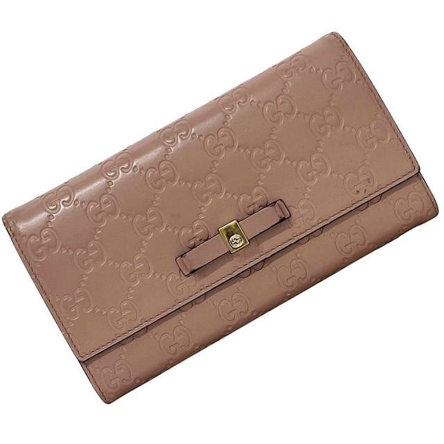 グッチ 二つ折り 長財布 ピンク ベージュ シマ 388679 財布 レザー 中古 0959 GUCCI リボン ホック GG レディース 女性 定番 人気 シンプル 革財布 ロング ウォレット ヴィンテージ ホック財布 ロゴ型押し