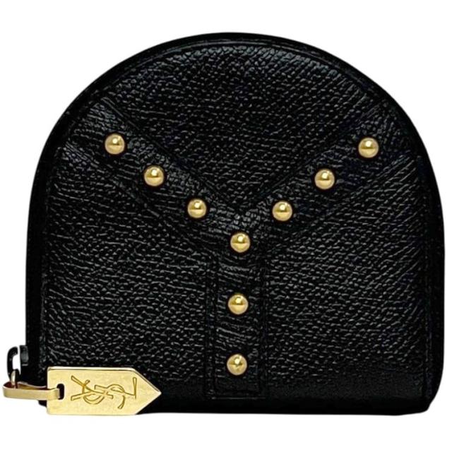 イヴサンローラン ケース ブラック 小銭入れ 美品 レザー スタッズ 中古 YVES SAINT LAURENT ファスナー Ｙ 黒 定番 人気 ヴィンテージ メンズ レディース 男女兼用 シンプル コンパクト ミニ財布 財布