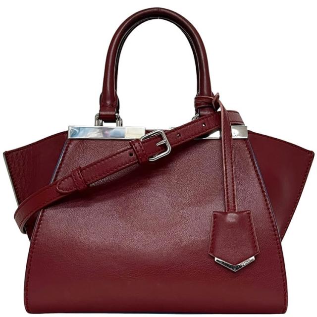 フェンディ 2way バッグ プチ トロワジュール ボルドー 8BH333 美品 レザー 中古 169-8241 FENDI ミニ ハンドバッグ ショルダーバッグ クロスボディ ファスナー ワインレッド シルバー金具 レディース 肩掛け