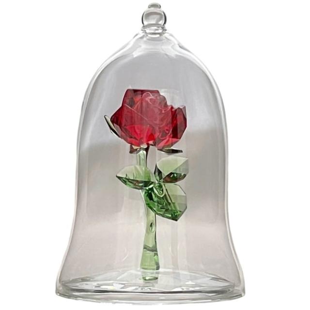 スワロフスキー ディズニー オーナメント クリア レッド グリーン 美女と野獣 美品 バラ クリスタルガラス 中古 SWAROVSKI DISNEY 薔薇 置物 ガラス細工 ディズニーコラボ インテリア 飾り 一輪 花 赤い薔薇 ローズ