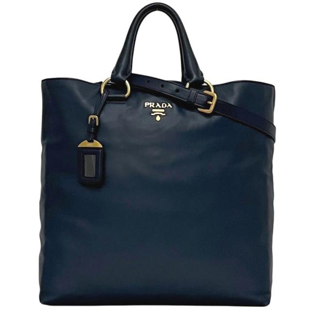 プラダ 2way トートバッグ ネイビー BN1713 美品 レザー 中古 165 58/L PRADA 大容量 紺色 本革 ゴールド金具 バッグ 書類 a4 ショルダーバッグ 肩掛け ロゴ金具 縦 大容量 メンズ レディース 男女兼用