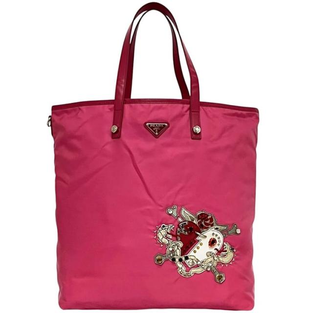 プラダ トートバッグ ピンク テスート B4605C 美品 ナイロン サフィアーノ レザー 中古 110 PRADA 軽い 大容量 肩掛け スネイク ストーン スタッズ メンズ レディース 男女兼用 定番 人気 書類 カジュアル 普段使い