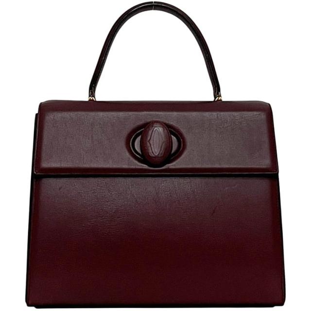 カルティエ ハンドバッグ ボルドー マスト 美品 レザー 中古 Cartier 自立 トップハンドル バッグ フラップ ロゴ ターンロック レディース 女性 定番 人気 ヴィンテージ 革バッグ グレインレザー シンプル ロゴ刻印