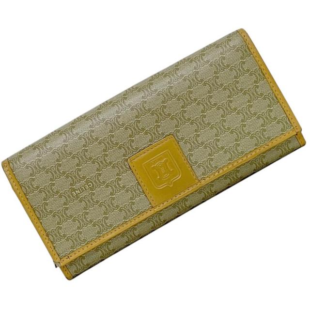 セリーヌ 二つ折り 長財布 ベージュ マカダム 財布 PVC レザー 中古 M16 1 CELINE ロゴ がま口 メンズ レディース 男女兼用 定番 人気 シンプル ホック ロング ウォレット 黄色 ヴィンテージ 革財布