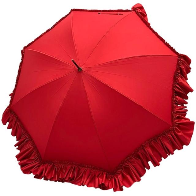 フォックスアンブレラズ 傘 レッド ディープフリル スリムレザー 1FX11240-40-75-320 未使用 美品 ナイロン レザー Sランク FOX UMBRELLAS 雨傘 長傘 50cm 女性 レディース 定番 人気 フリル 赤