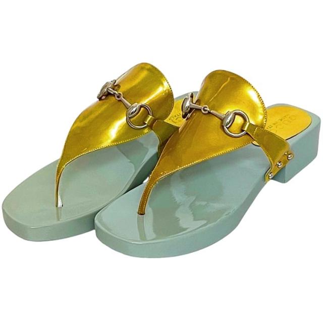 グッチ サンダル ゴールド ライトブルー ホースビット 106 3011 美品 25.0cm ウッド レザー 中古 GUCCI アパレル レディース シューズ ロゴ 金具 水色 レディース 女性 ヴィンテージ シルバー金具 シンプル