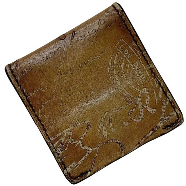 ベルルッティ ケース ブラウン 小銭入れ レザー 中古 E1117 Berluti ミニ ホック 財布 カリグラフィ ロゴ 茶色 メンズ 男性 定番 人気 ビジネス カジュアル 普段使い コンパクト ウォレット スクエア