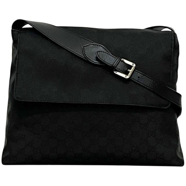 グッチ ショルダーバッグ ブラック GGナイロン 272351 美品 ナイロン レザー 中古 521753-05 GUCCI GG メッセンジャー クロスボディ フラップ 軽い 大容量 黒 メンズ レディース 男女兼用 ヴィンテージ 定番