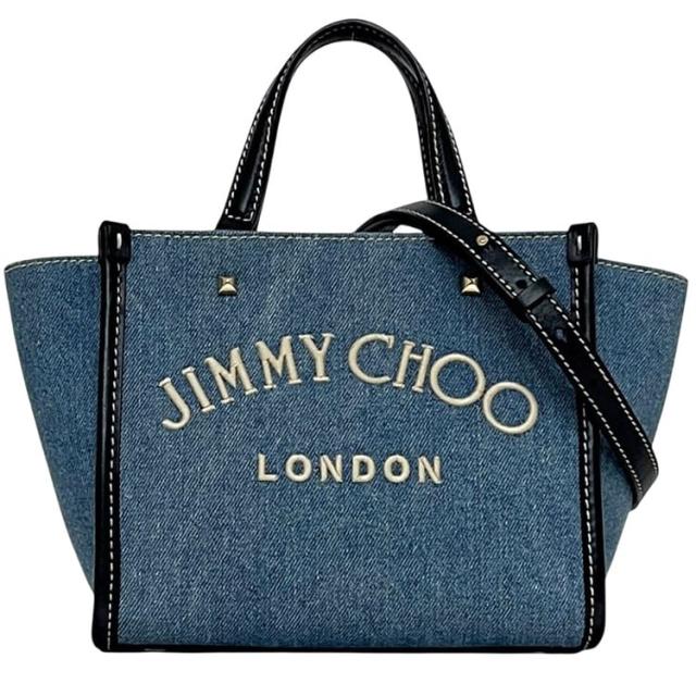 ジミーチュウ 2way バッグ デニム ブルー ネイビー JI1630AW001266 美品 ウォッシュデニム レザー 中古 55QZSG JIMMY CHOO ハンドバッグ クロスボディ ショルダーバッグ ロゴ 刺繍 レディース 女性