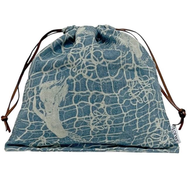 ロエベ 巾着ポーチ ライトブルー パウラズイビザ クラッチバッグ デニム キャンバス レザー 中古 702217 LOEWE 小物入れ 巾着 セカンドバッグ パーティバッグ 人魚 水面 水 シンプル ヴィンテージ 巾着バッグ 水色