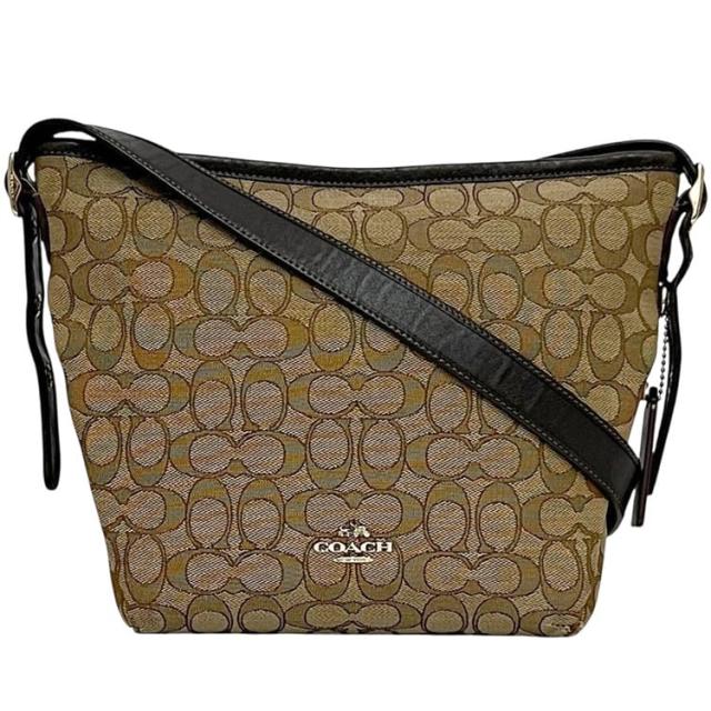 コーチ ショルダーバッグ ベージュ ブラウン シグネチャー 36559 美品 キャンバス レザー 中古 COACH クロスボディ 茶色 斜め掛け ファスナー ロゴ チャーム付 軽い メンズ レディース 定番 人気 総柄 肩掛け