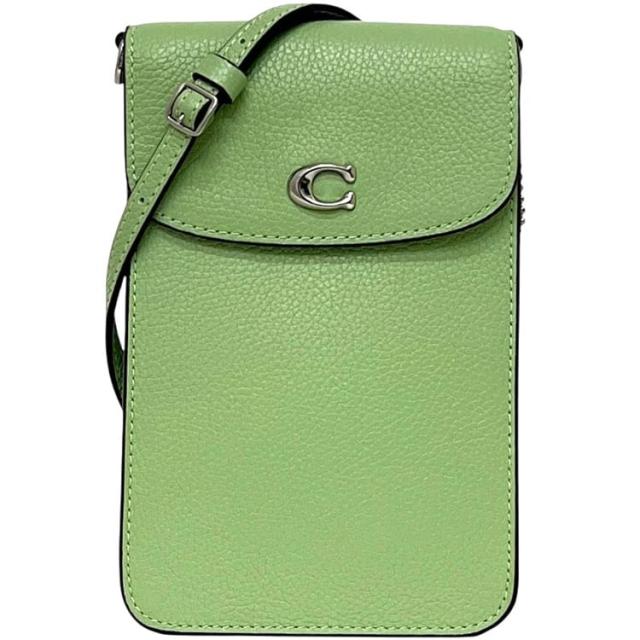 コーチ ショルダーバッグ ライトグリーン CH815 美品 レザー 中古 COACH スマホショルダー クロスボディ フラップ ロゴチャーム ワンポイント ロゴ 薄黄緑 シンプル レディース 女性 ミニバッグ 斜め掛け 定番 人気