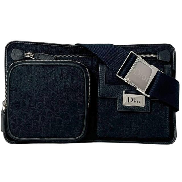 クリスチャン ディオール ウエストポーチ ブラック トロッター 美品 キャンバス レザー 中古 MC1016 Christian Dior ベルトバッグ 黒 ファスナー ボディバッグ クロスボディ メンズ レディース 男女兼用 シンプル