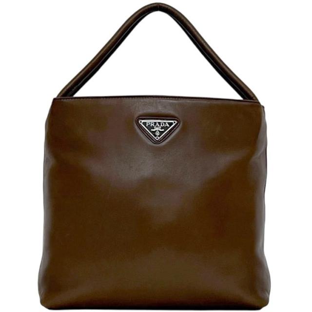 プラダ ハンドバッグ ブラウン BRUCIATO B6263 トップハンドル レザー ナッパレザー 中古 65 PRADA 革 ワンポイント ロゴ 軽量 軽い 茶色 レディース 定番 人気 ヴィンテージ ソフトレザー 三角 ロゴ金具