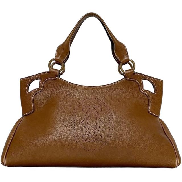 カルティエ ハンドバッグ マルチェロ ブラウン 美品 レザー 中古 Cartier パンチング ロゴ 自立 軽い グレインレザー マスト 茶色 レディース 女性 定番 人気 肩掛け ヴィンテージ シンプル ファスナー 革バッグ シンプル