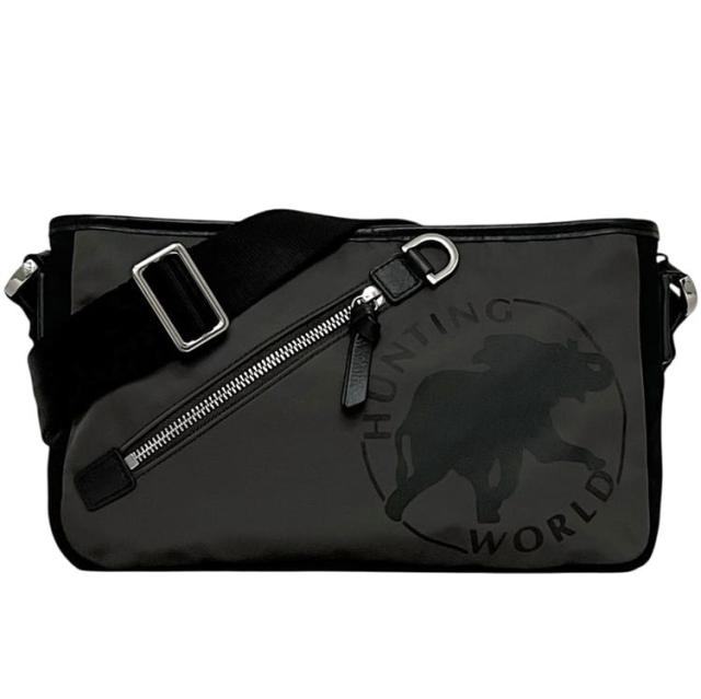 ハンティングワールド ショルダーバッグ ブラック グレー 美品 ナイロン レザー 中古 HUNTING WORLD 軽い 黒 ファスナー クロスボディ ロゴ プリント メンズ 男性 定番 人気 メッセンジャー 軽量 シンプル 大容量