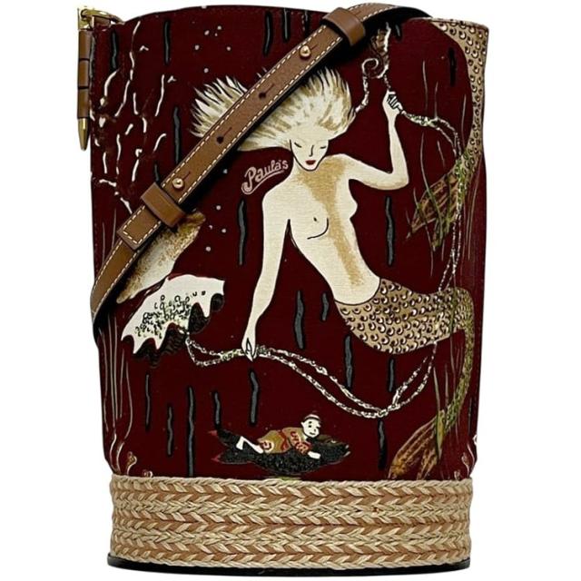 ロエベ ショルダーバッグ ゲートバケット ブラウン パウラズ イビザ ゲート A650Z56X03 美品 キャンバス ストロー レザー 中古 652005 LOEWE クロスボディ 自立 軽い 人魚 革 アナグラム ロゴ刻印 茶色