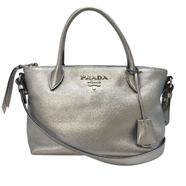 プラダ 2way ヴィッテロダイノ ショルダーバッグ トートバッグ ハンドバッグ ロゴ スモールトートバッグ メタリック シルバー レザー PRADA
