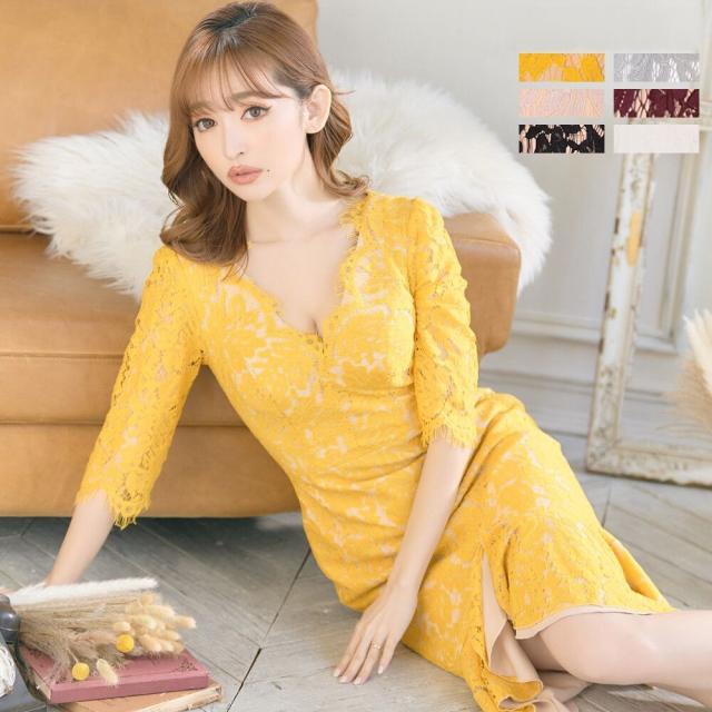 ドレス パーティードレス ミニドレス 結婚式ワンピース パーティー キャバドレス ワンピース 総レース 袖あり マーメイドライン ミディアム丈タイトミニドレス