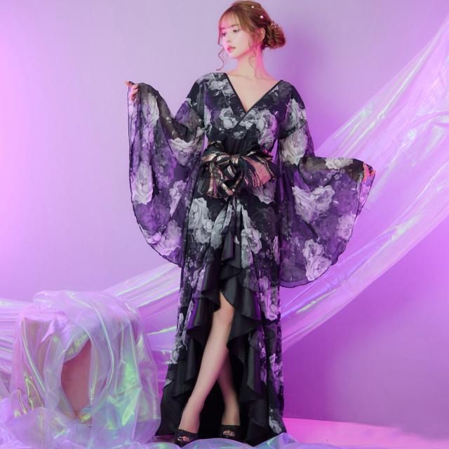 花魁コスプレ 着物コスプレ ステージ衣装 舞台衣装 芸能人衣装 オフショルダー 胸元魅せ ワンピースタイプ 花柄 シフォン素材 花魁着物ドレス