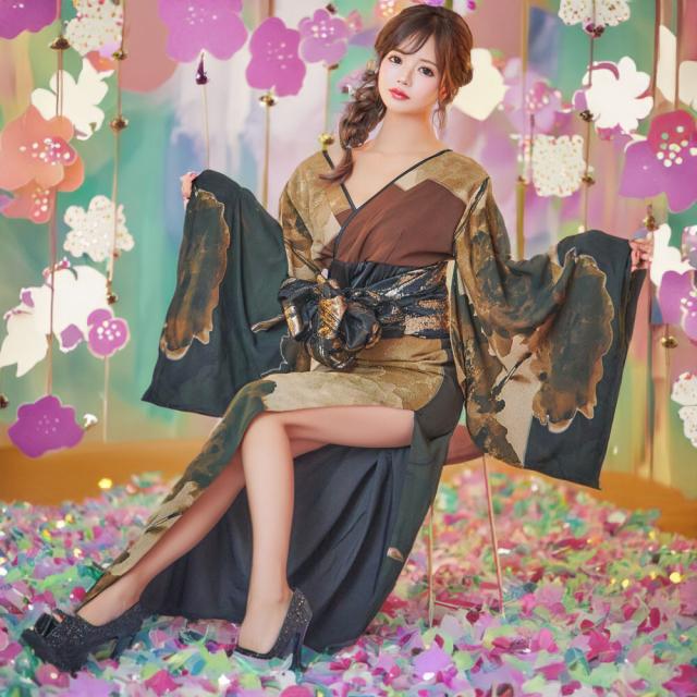 花魁コスプレ 着物コスプレ 着物衣装 ステージ衣装 ダンス衣装 イベント衣装  芸能人衣装 グラデーションフラワープリントシフォン素材 花魁着物ロングドレス