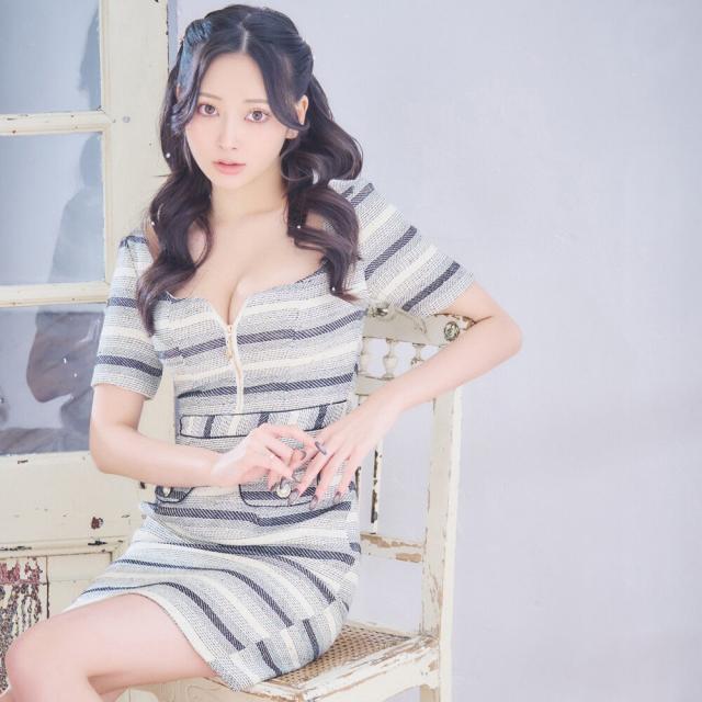 結婚式 ドレス パーティードレス キャバドレス ドレスワンピース ツイード 半袖 スクエアネック パールボタン ミニドレス