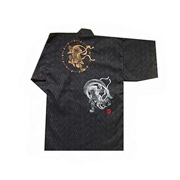 しじら織 甚平 ジンベイ キングサイズ 5L ブラック 風神雷神の手書き絵 綿100％ 部屋着 ルームウェア 寝巻 寝間着 パジャマ 夏物