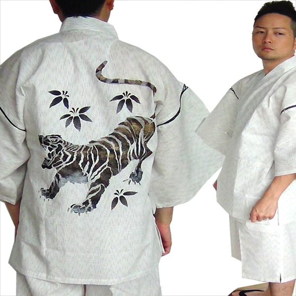 甚平 ジンベイ キングサイズ 3L ホワイト 金虎の手書き絵 綿100％ 部屋着 ルームウェア 寝巻 寝間着 パジャマ ホームウェア 夏物