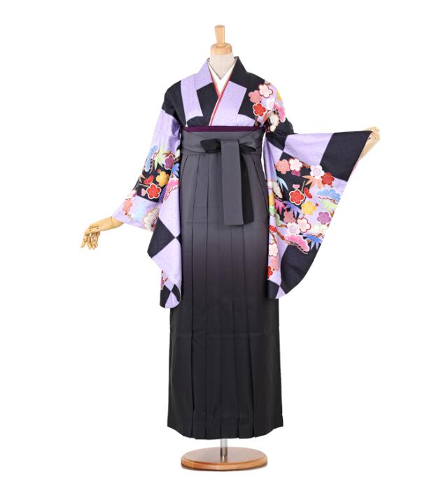 往復送料無料 全部揃って安心 大学 高校 小学生  2泊3日 卒業式袴 レンタル セット 紫 黒地 No.055-0086