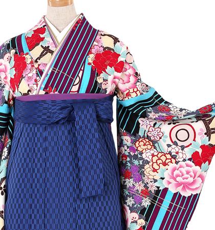 往復送料無料 全部揃って安心 大学 高校 小学生  2泊3日 卒業式袴 レンタル セット SPIRALGIRL 紺地  No.055-0053