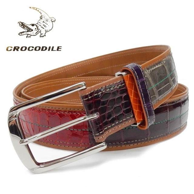 〓天然皮革〓クロコダイル　牛裏　メンズ高級ベルト　ミックス色　ピンタイプ　日本製　４cm巾　BT-CRM02