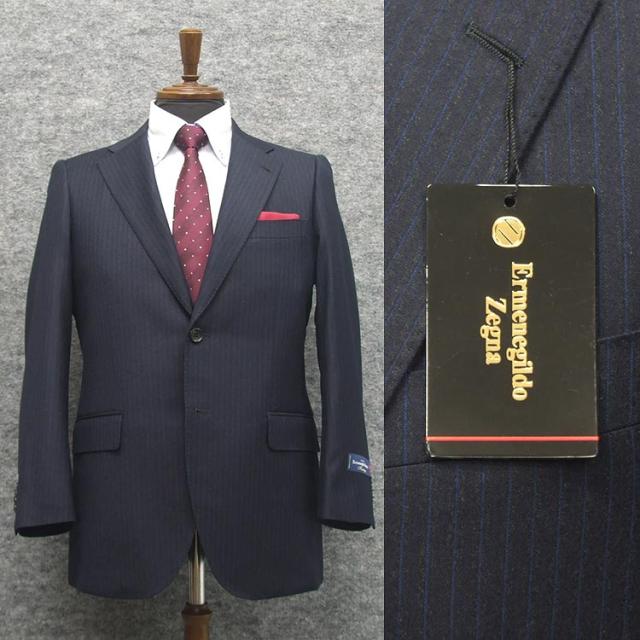 秋冬物　[Ermenegildo Zegna]ゼニア生地　ミルド仕上げ/Heritage使用　ベーシック2釦スーツ　紺系/ストライプ　日本製　EZR-J06
