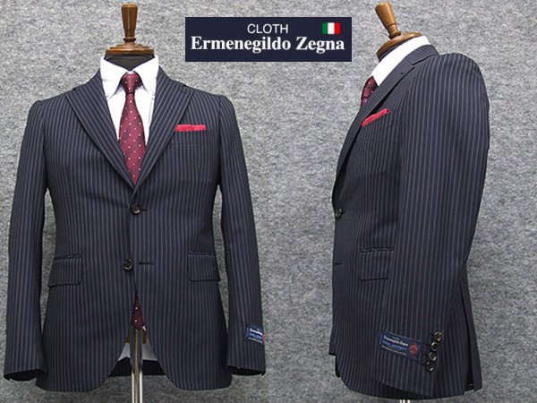 春夏物　濃紺縞　[Ermenegildo Zegna] ゼニア COOL EFFECT使用 ネイビー ストライプ　トレンドスタイル2釦スーツ　[YA体][A体]　EZD53