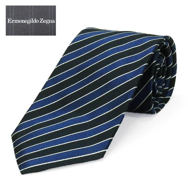 ◇Ermenegildo Zegna◇イタリア製ネクタイ◇黒×紺×白銀◇ストライプ◇シルク 100％◇ゼニア ネクタイ ブランド　EZN01