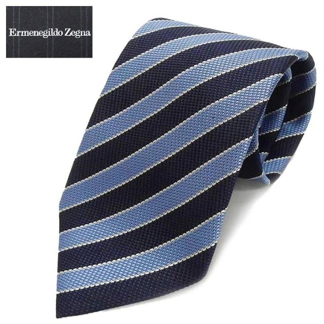 ◇Ermenegildo Zegna◇イタリア製ネクタイ◇濃紺×空色◇ストライプ◇シルク  100％◇ゼニア ネクタイ ブランド　EZN05