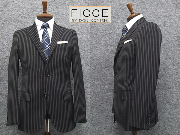 春夏〜通年 [FICCE]BY DON KONISHI スタイリッシュ段返り３釦シングルスーツ 黒縞 FC7201-09