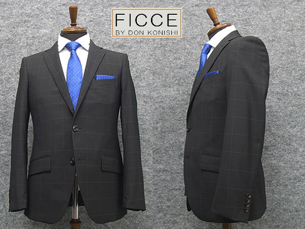 秋冬物　[FICCE]BY DON KONISHI フィッチェ　スタイリッシュ２釦シングルスーツ　濃グレー/格子　[AB体]　メンズ　FC8307-18