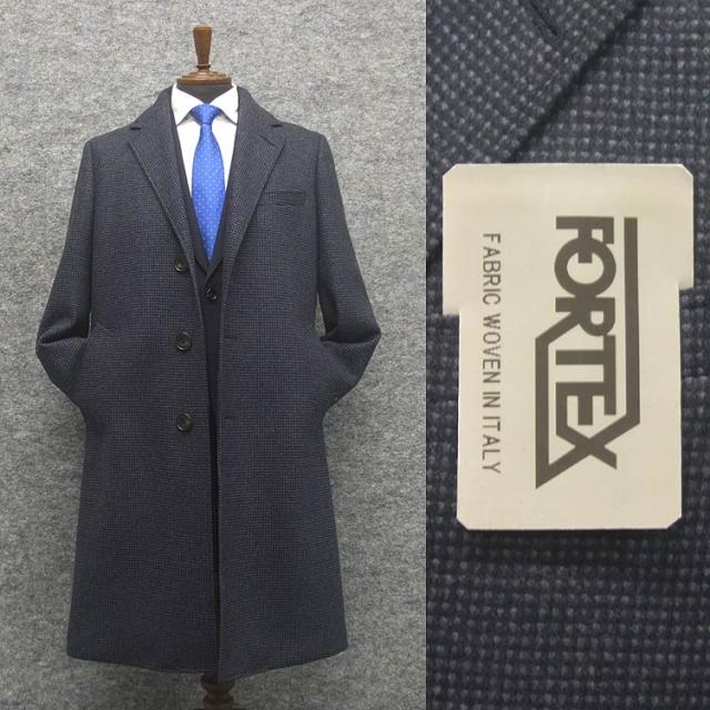 シングルチェスターコート　イタリー生地[FORTEX]　紺系/ドット風チェック　[YA体〜A体対応]　スタイリッシュタイプ　メンズ  FORTEX07