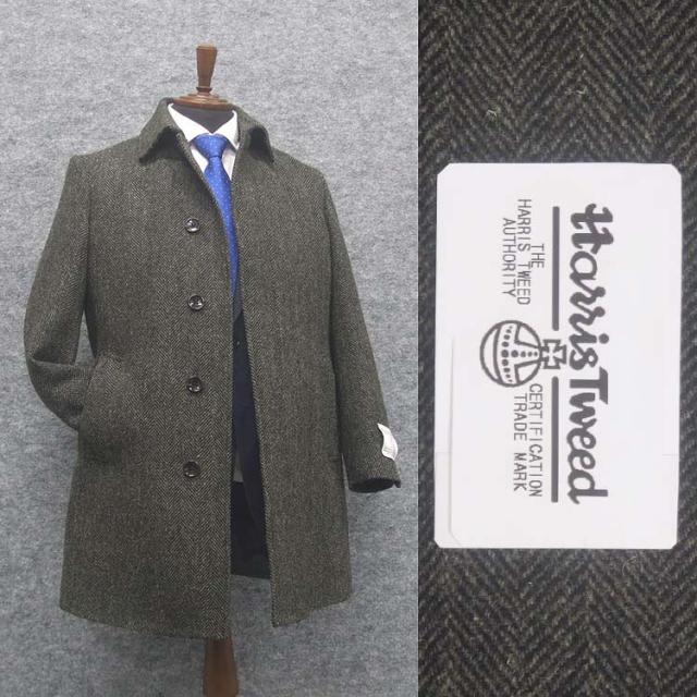 英国生地　[Harris Tweed]ハリスツイード　ステンカラーコート　モスグレー系ヘリンボーン　シングル4釦　秋冬物　HTC-S09
