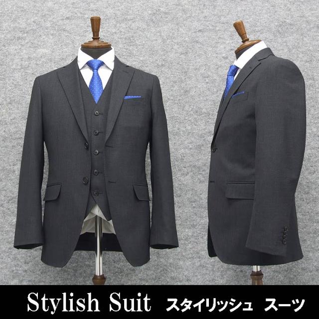 通年 スタイリッシュ３ピーススーツ 炭黒/マイクロチェック[A体][AB体][BB体] J18020